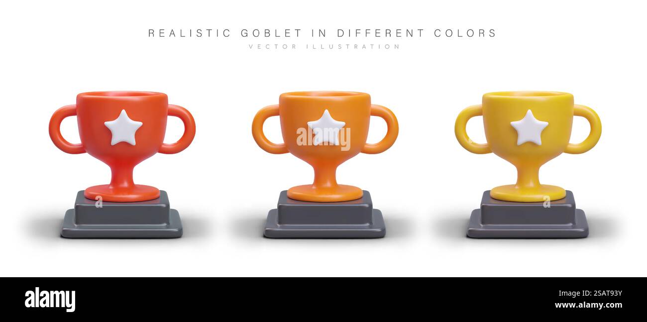 Set of realistic goblets on stand. Prize bowls of different colors ...