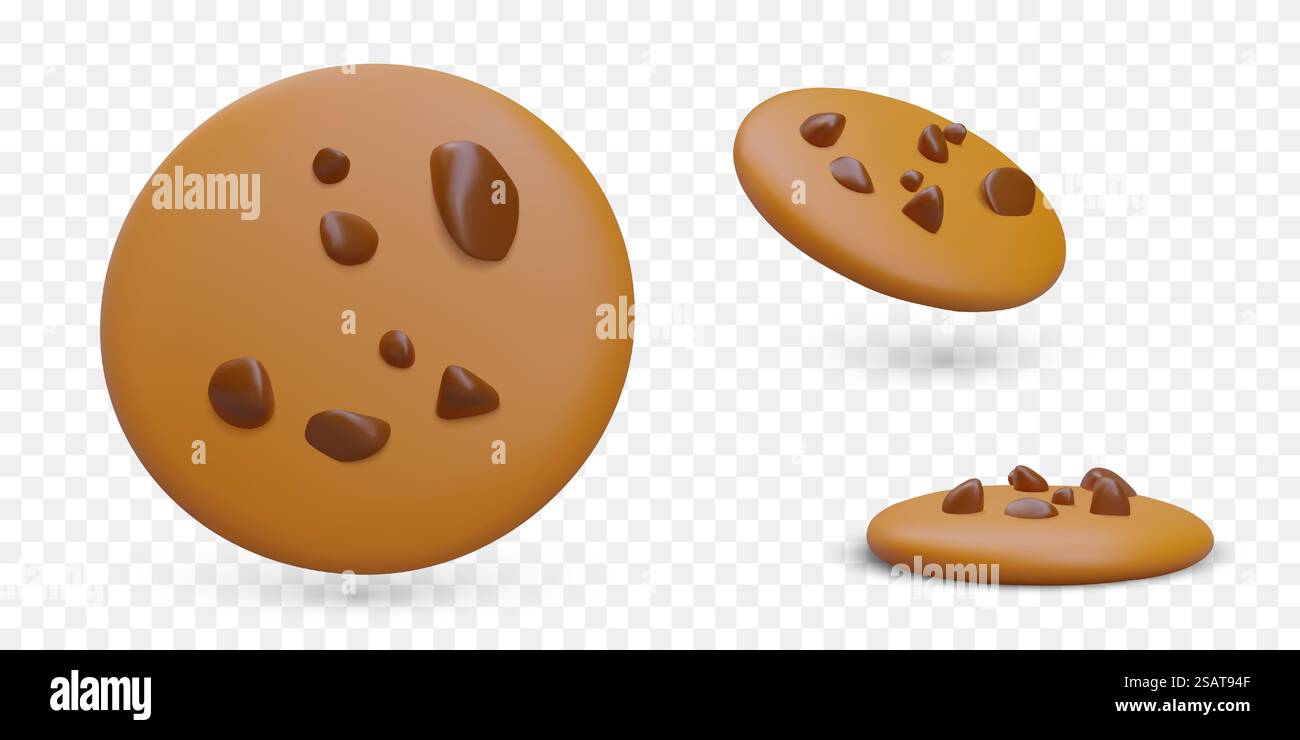 Set of realistic chocolate crump chip cookies. Delicious sweet pastry ...