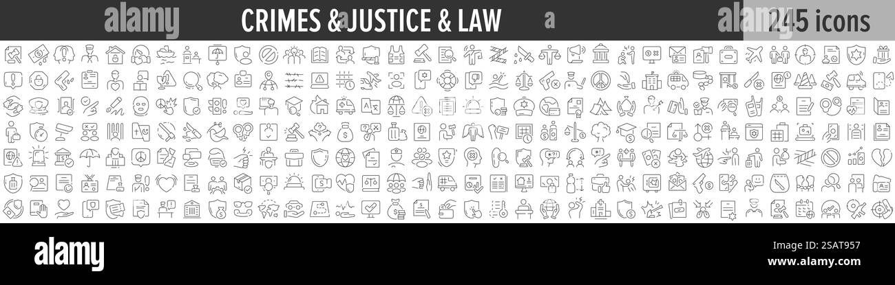 Crimes, Justice and Law linear icon collection. Big set of 245 Crimes ...