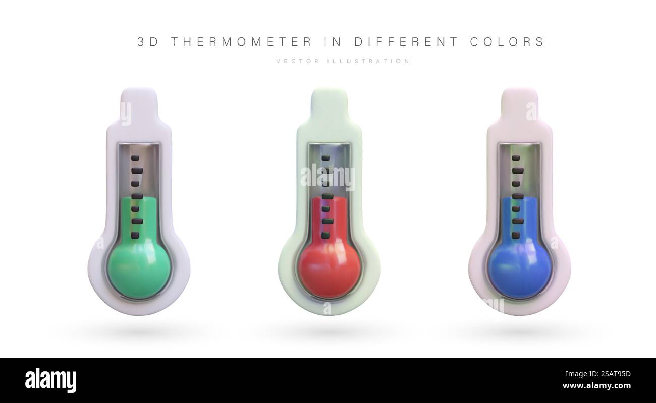 3D alcohol thermometers of different colors. Equipment for measuring air temperature ...