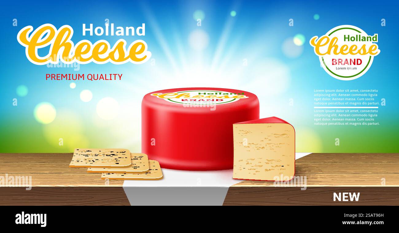 Realistic cheese poster. Dutch cheese, whole circle in red wax package ...