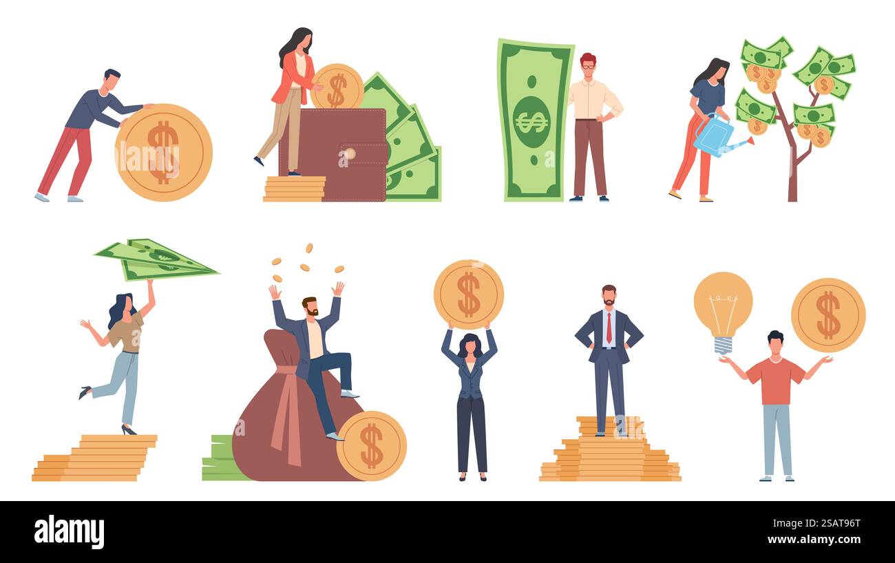 Tiny people with money. Budget elements, different poses persons, woman ...