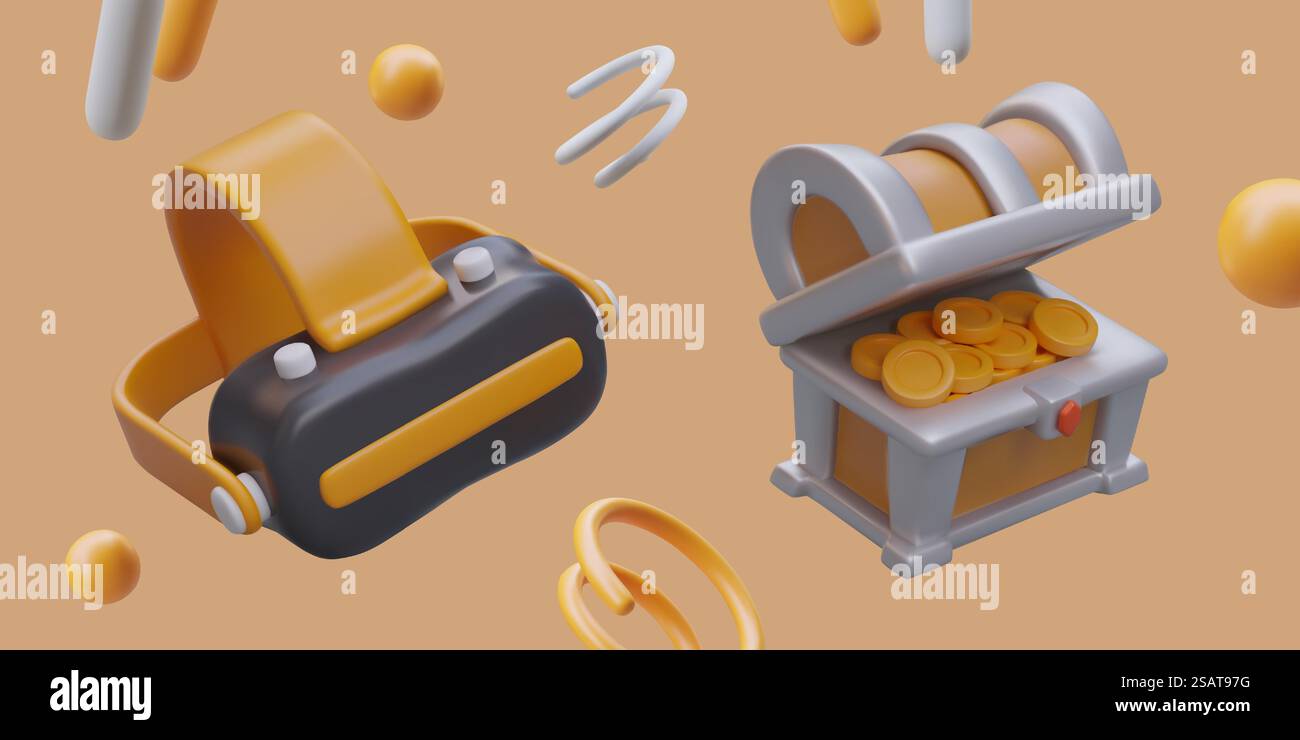 Virtual reality glasses, chest with gold coins. Computer game concept ...