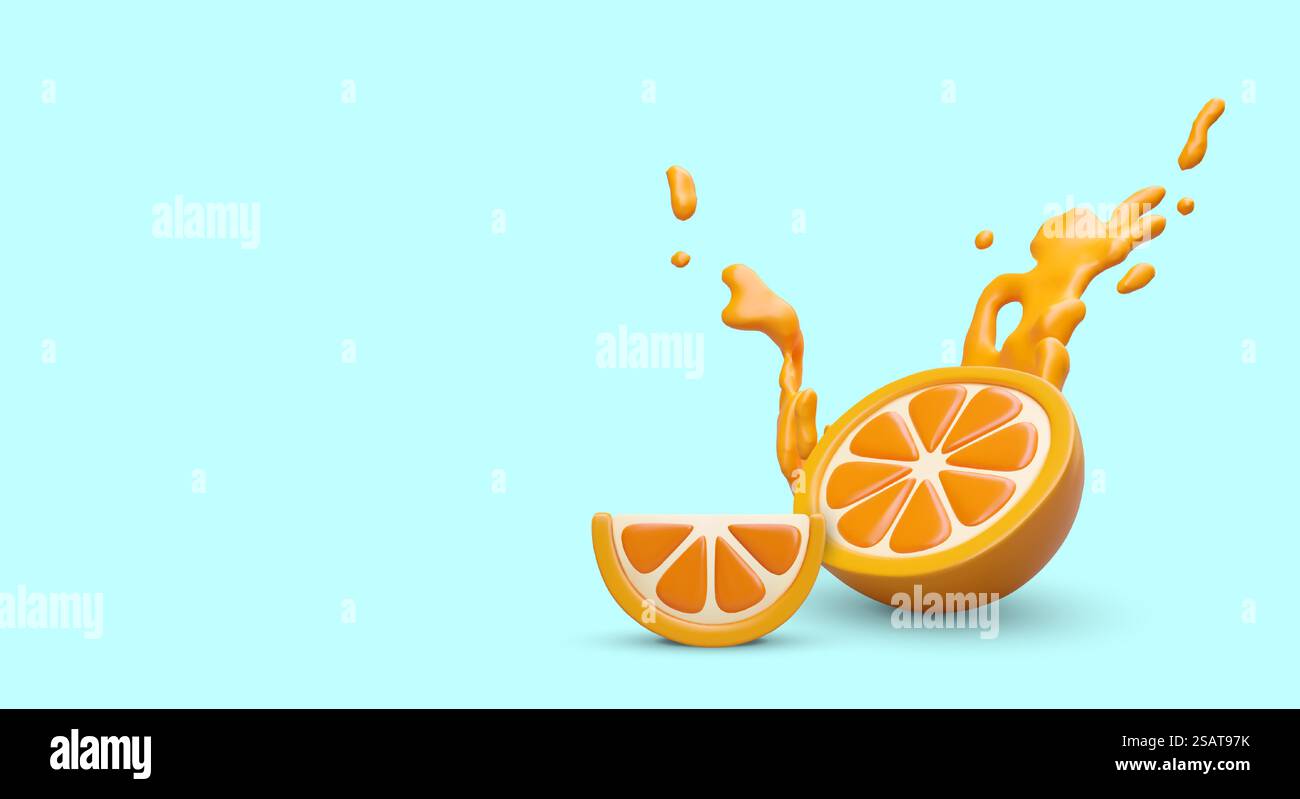 Concept of freshly squeezed orange juice. Realistic cut orange, liquid ...