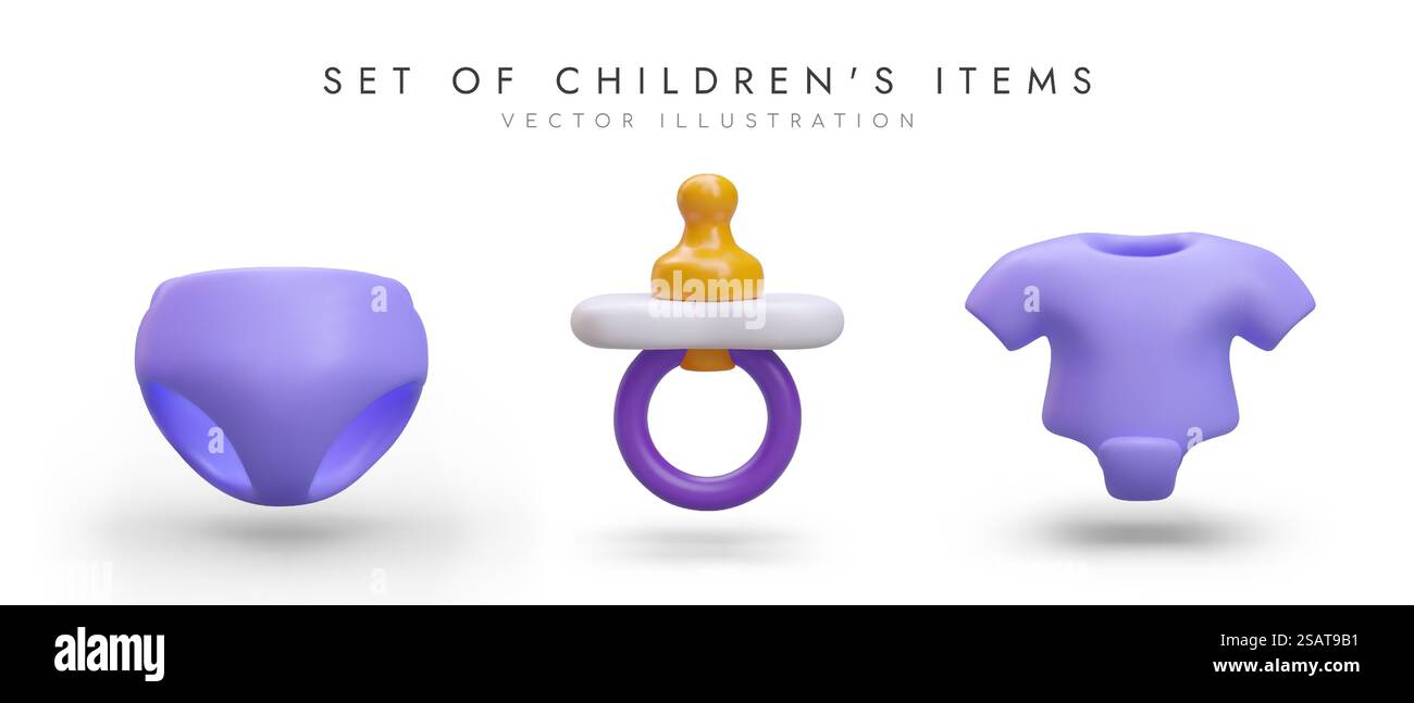 3d realistic baby bodysuit, plastic pacifier and diaper. Set of ...