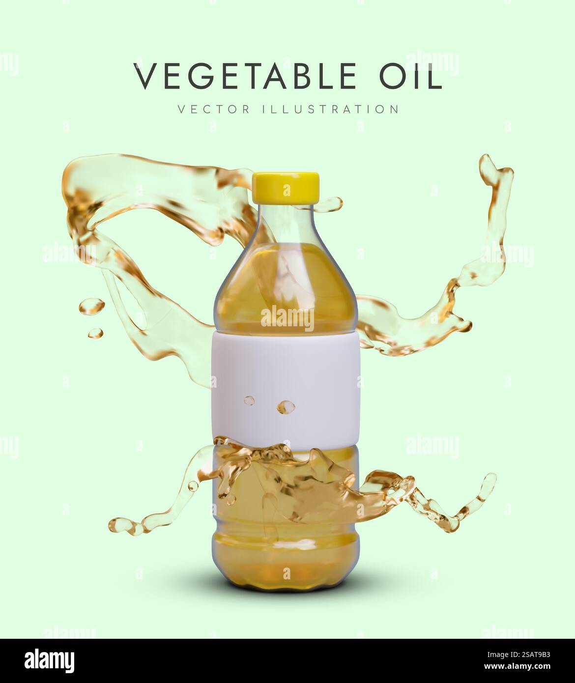 Vegetable oil. Bottle with yellow liquid, realistic splashes around ...