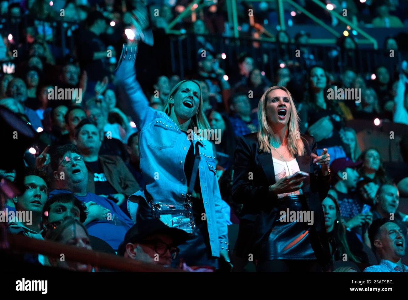 Audience members watch the FireAid benefit concert on Thursday, Jan. 30, 2025, at The Forum in ...