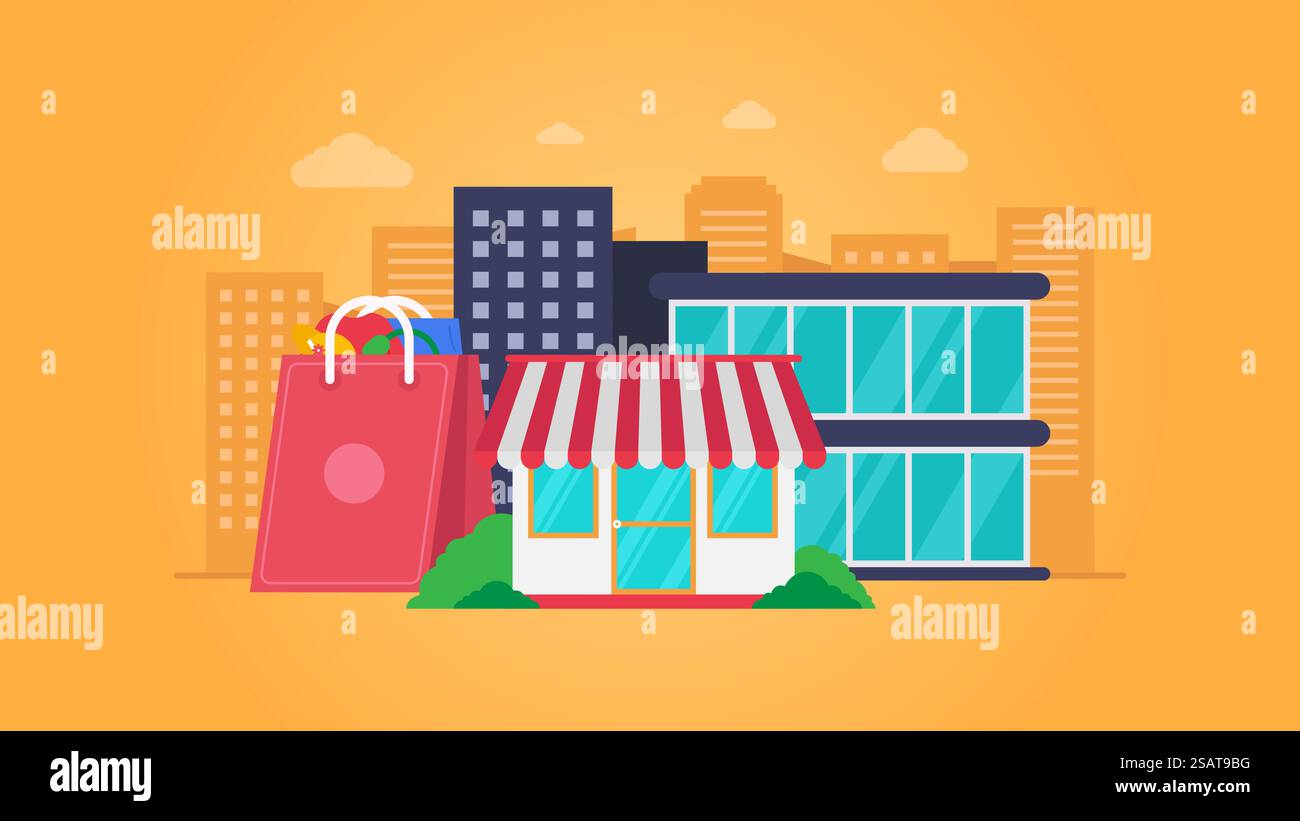 E Commerce market vector illustration with orange background color ...