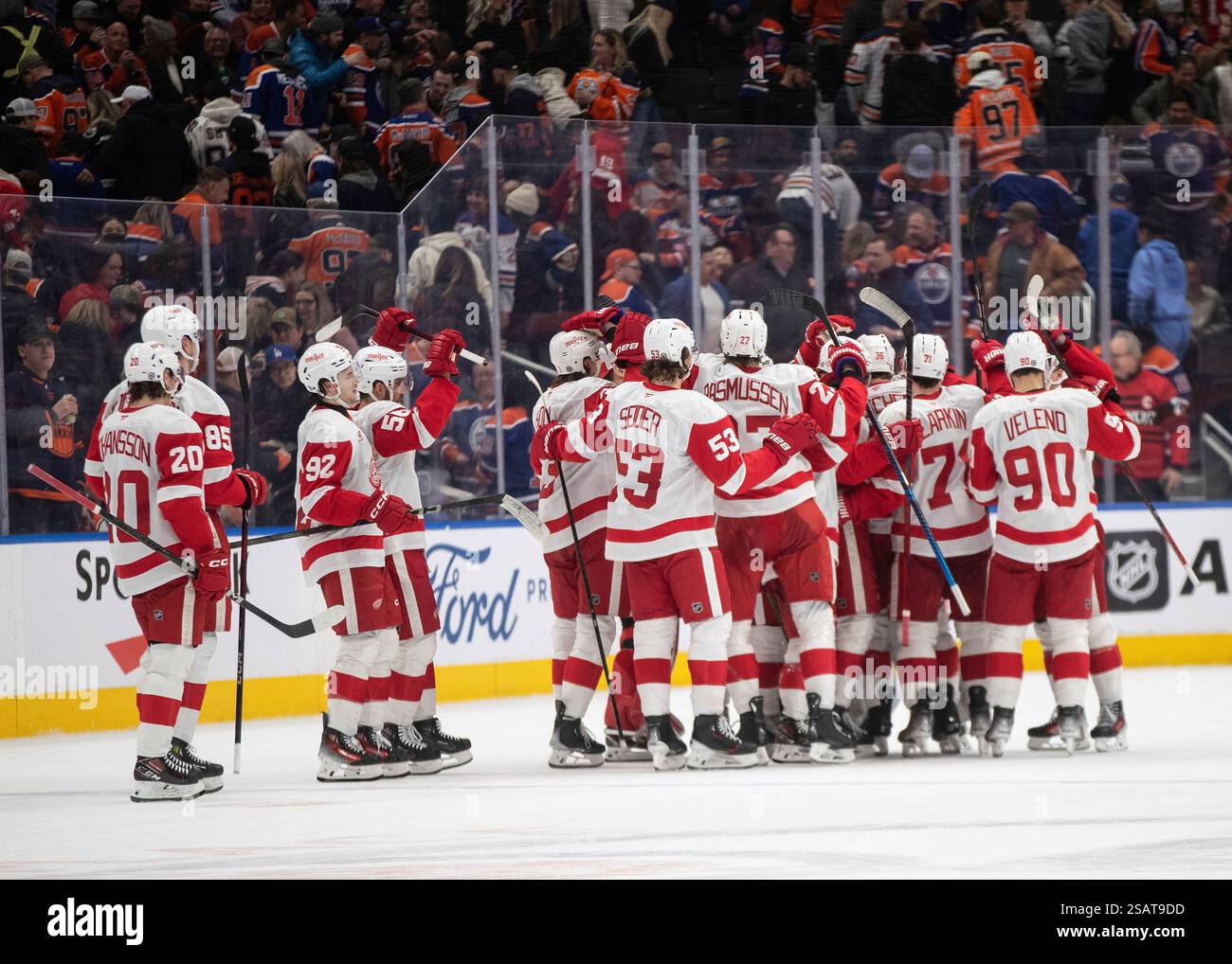 Detroit Red Wings celebrate their shootout win over the Edmonton Oilers ...