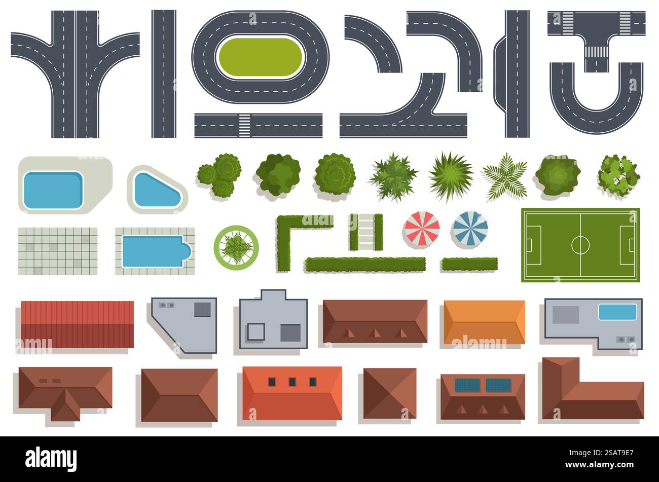 Street elements map top view. City landscape flat objects, highways ...