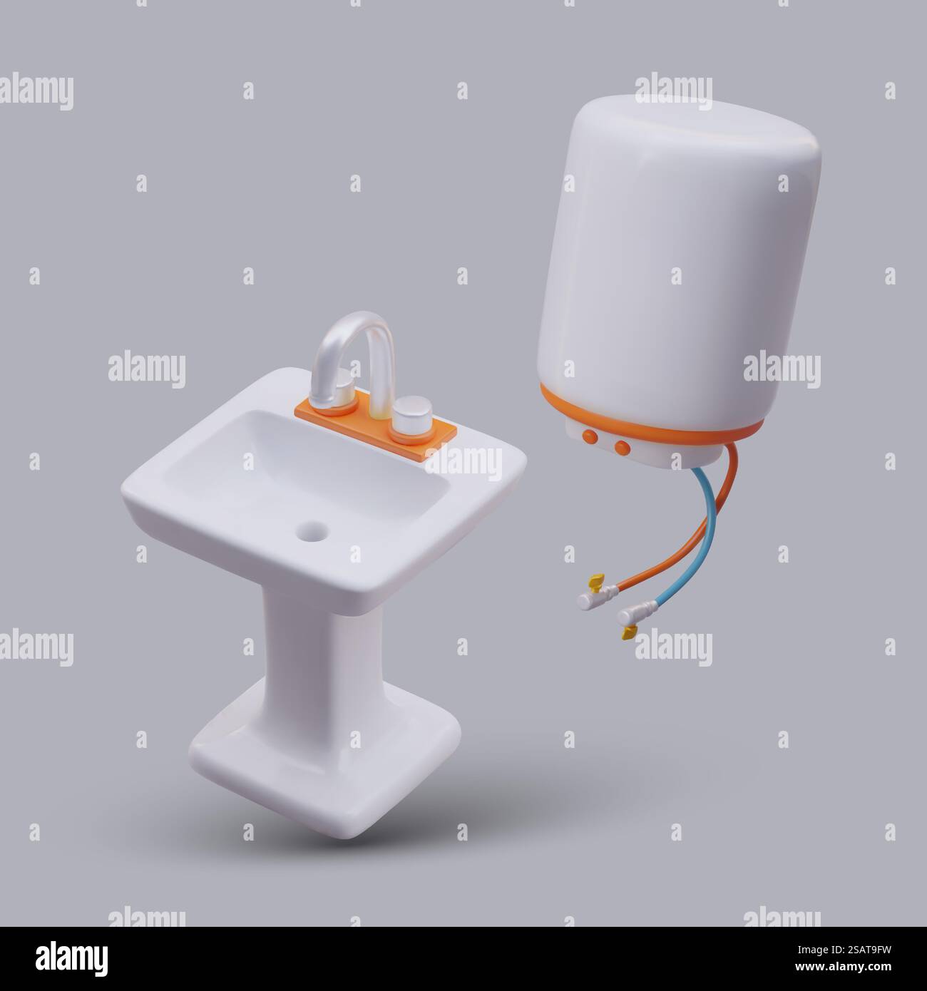 Realistic wash basin and boiler with orange elements. Heating water ...