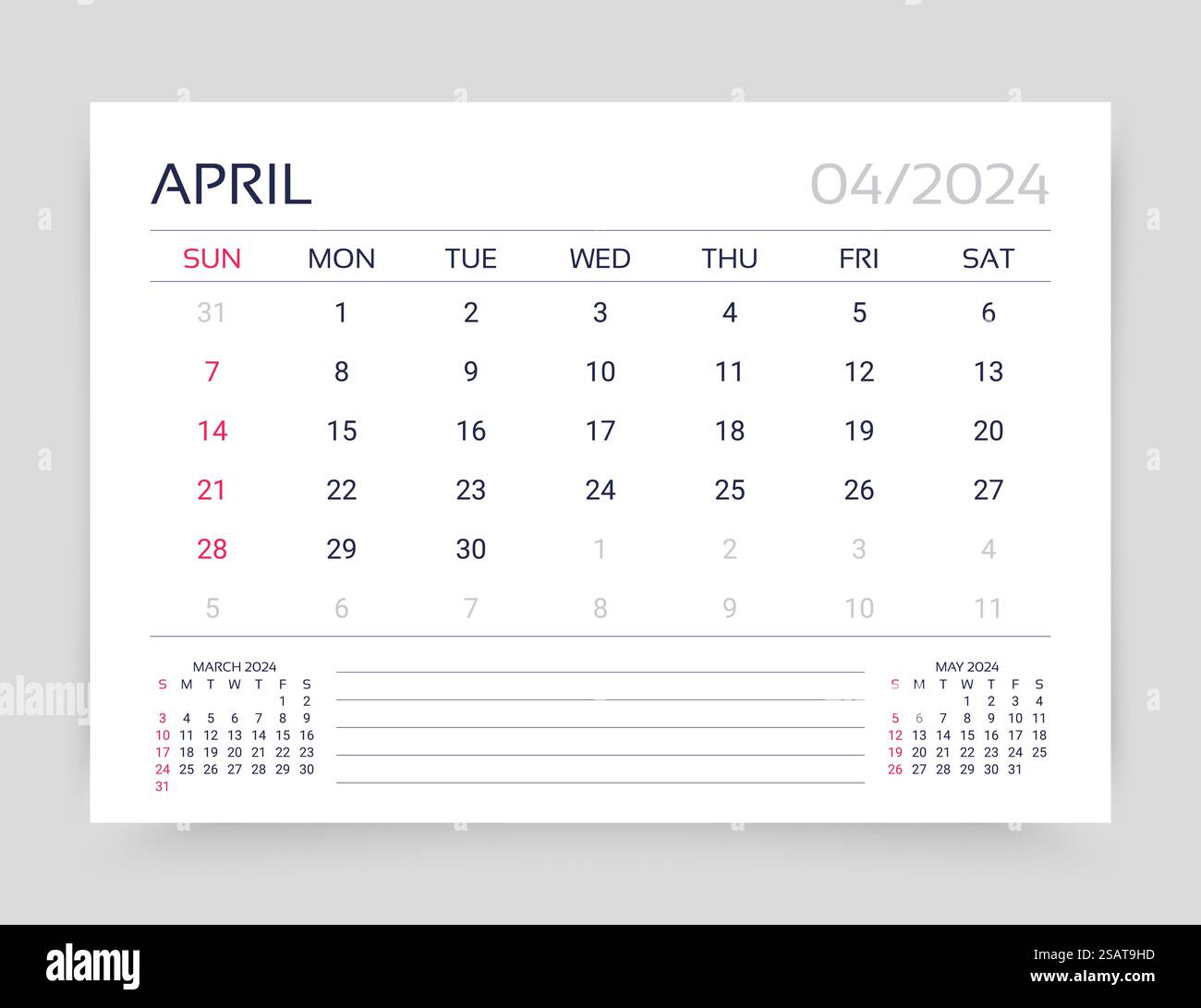 April 2024 year calendar. Planner calender layout. Week starts Sunday ...
