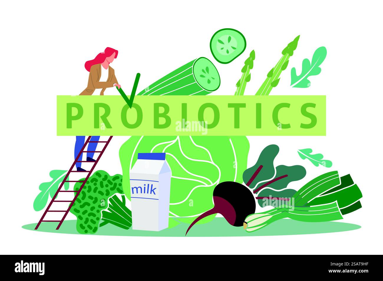 Probiotics, intestinal flora, healthy food. Tiny woman on ladder and ...