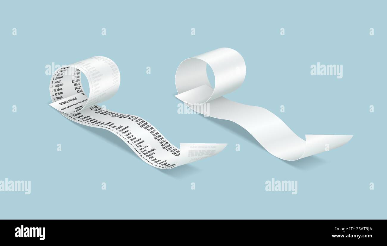 Rolled paper checks realistic vector illustration set. Blank and filled ...