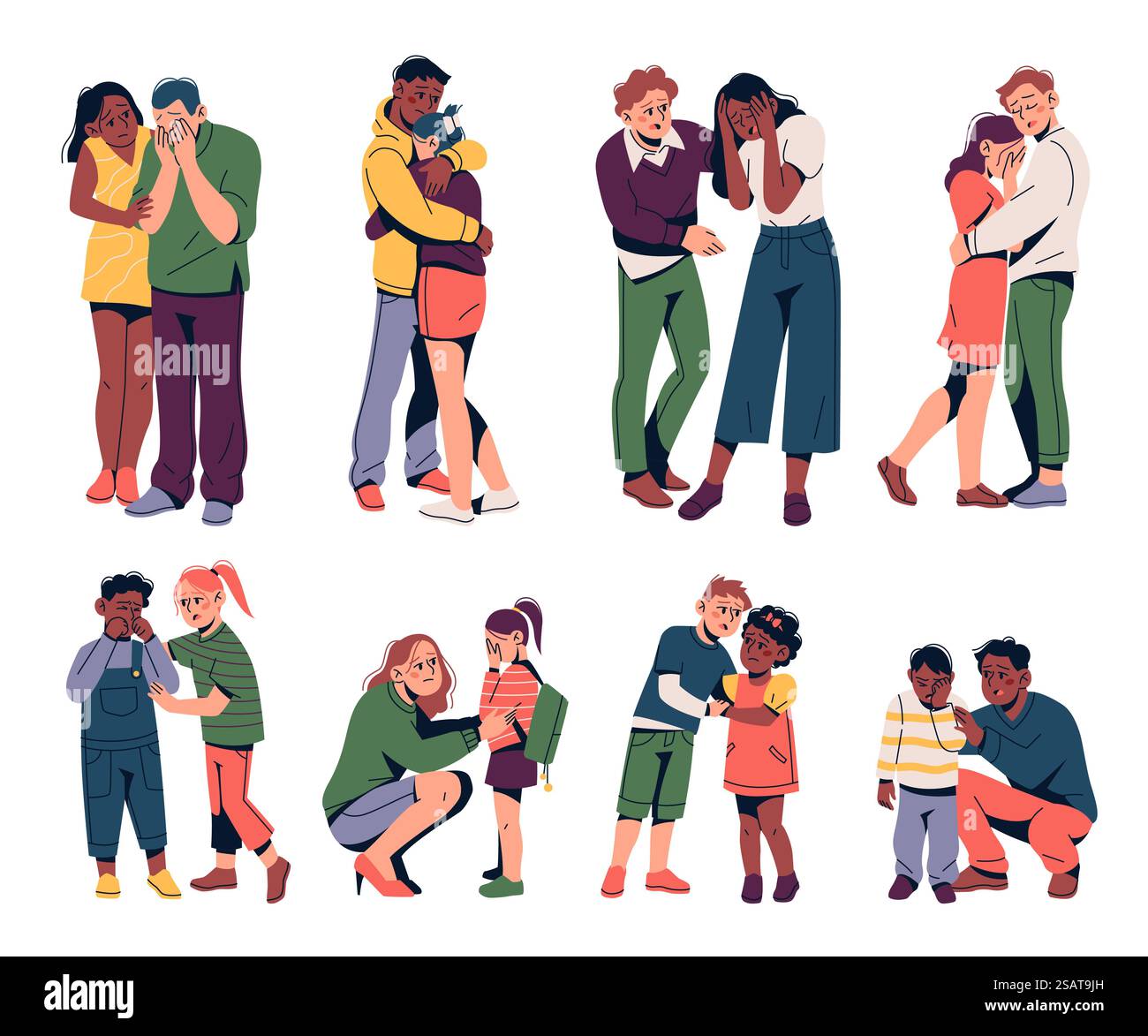 Kids support. Crying children and parental reassurance, moral friendly ...