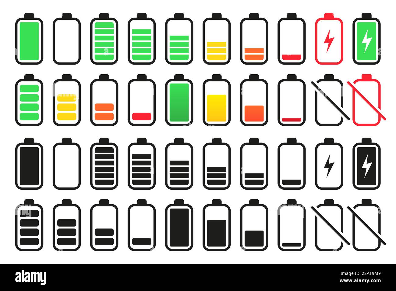Battery charging level icon collection. Set of discharged and fully ...