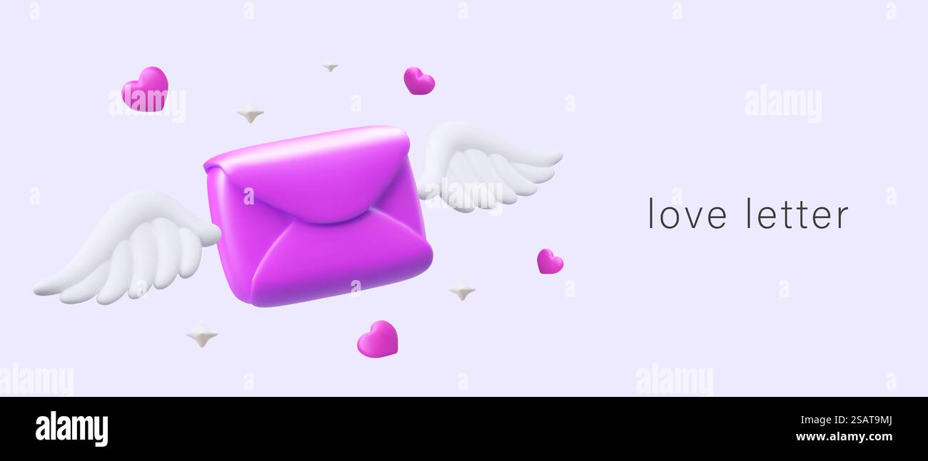 Love letter. 3D pink envelope with white wings, floating hearts ...