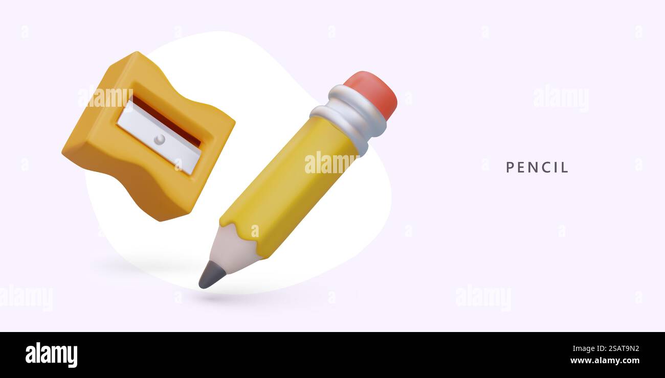 3d realistic yellow office pencil and sharpener. Advertising poster for ...
