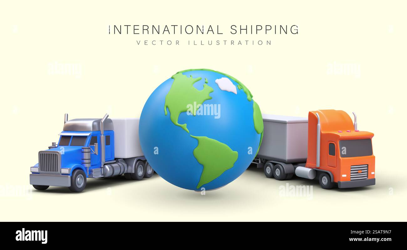 Concept of international shipping. Realistic globe, trucks with ...