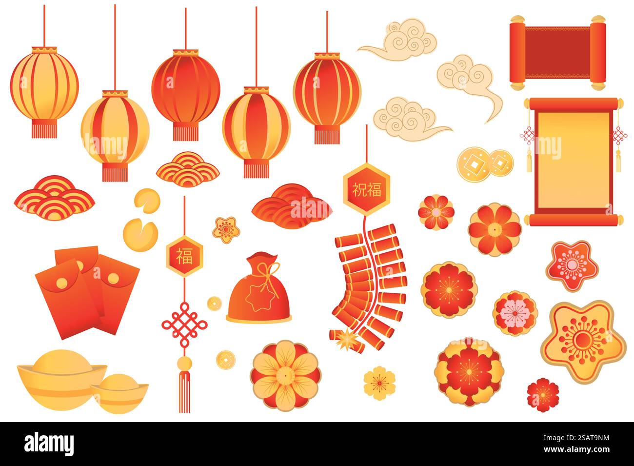 Chinese symbols mega set in flat design. Bundle elements of red and ...