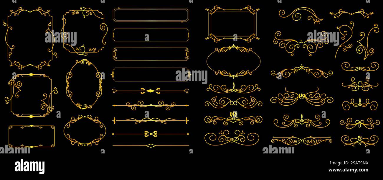 Gold vintage frames mega set in flat design. Bundle elements of ...