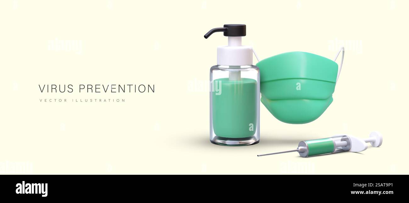 Web poster with syringe. Virus prevention concept. Liquid alcohol ...