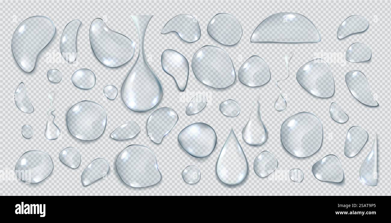 Transparent water drops realistic vector illustration set. Fresh fluid ...