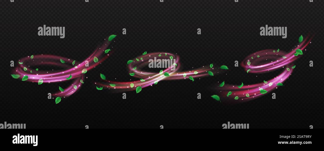 Fresh leafage whirling by shiny pink flows realistic vector ...