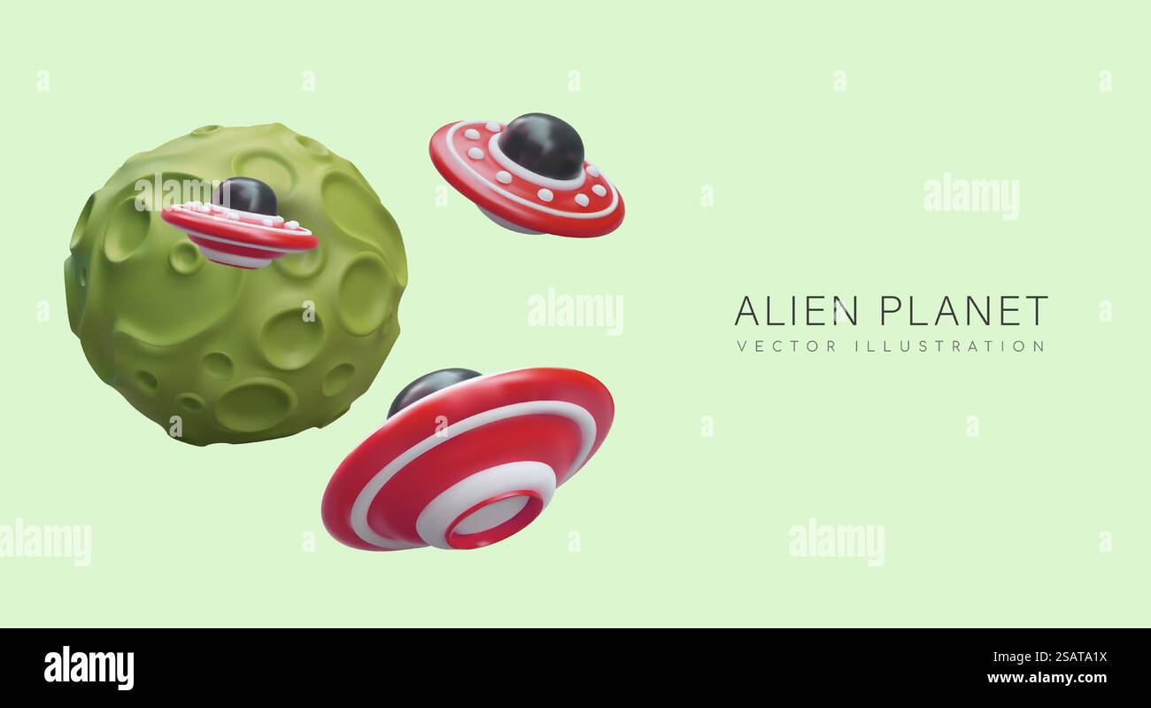 Green alien planet, flying saucers. Realistic illustration in cartoon ...