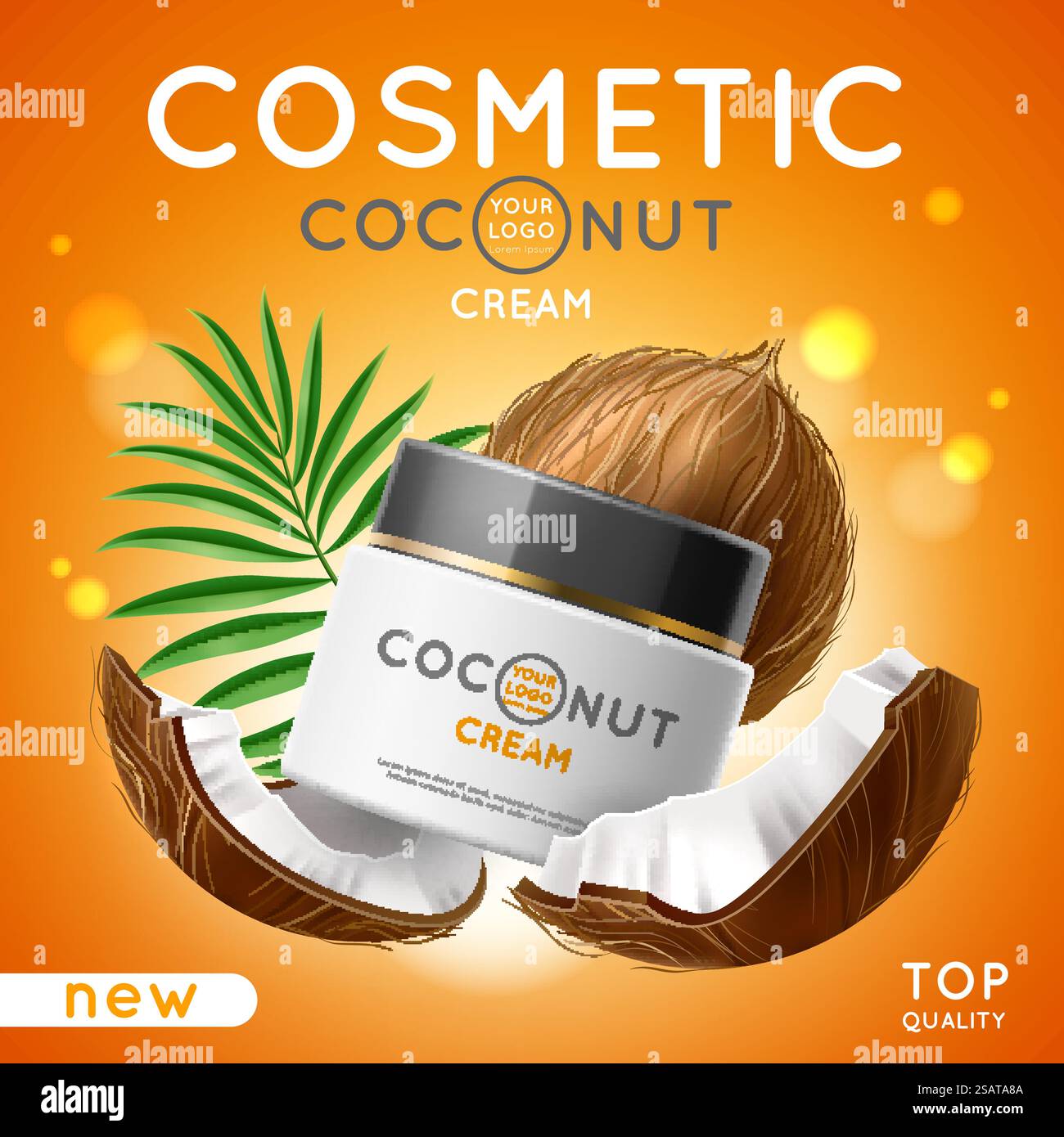 Coconut cosmetic poster. Realistic cream container with coconut oil ...