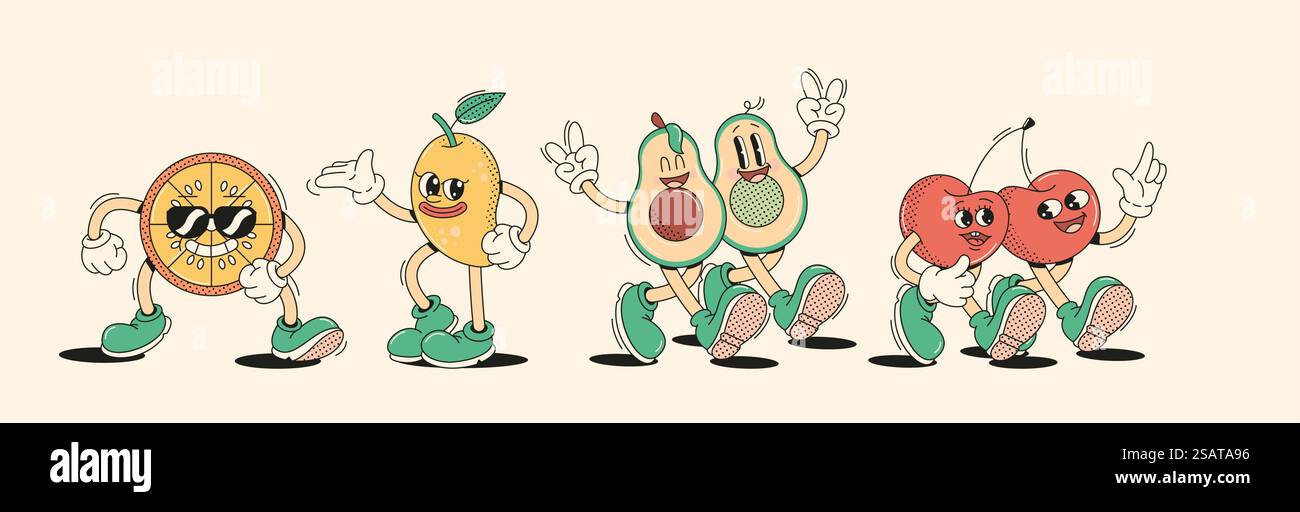 Walking exotic fruits and cherries characters in retro cartoon style ...