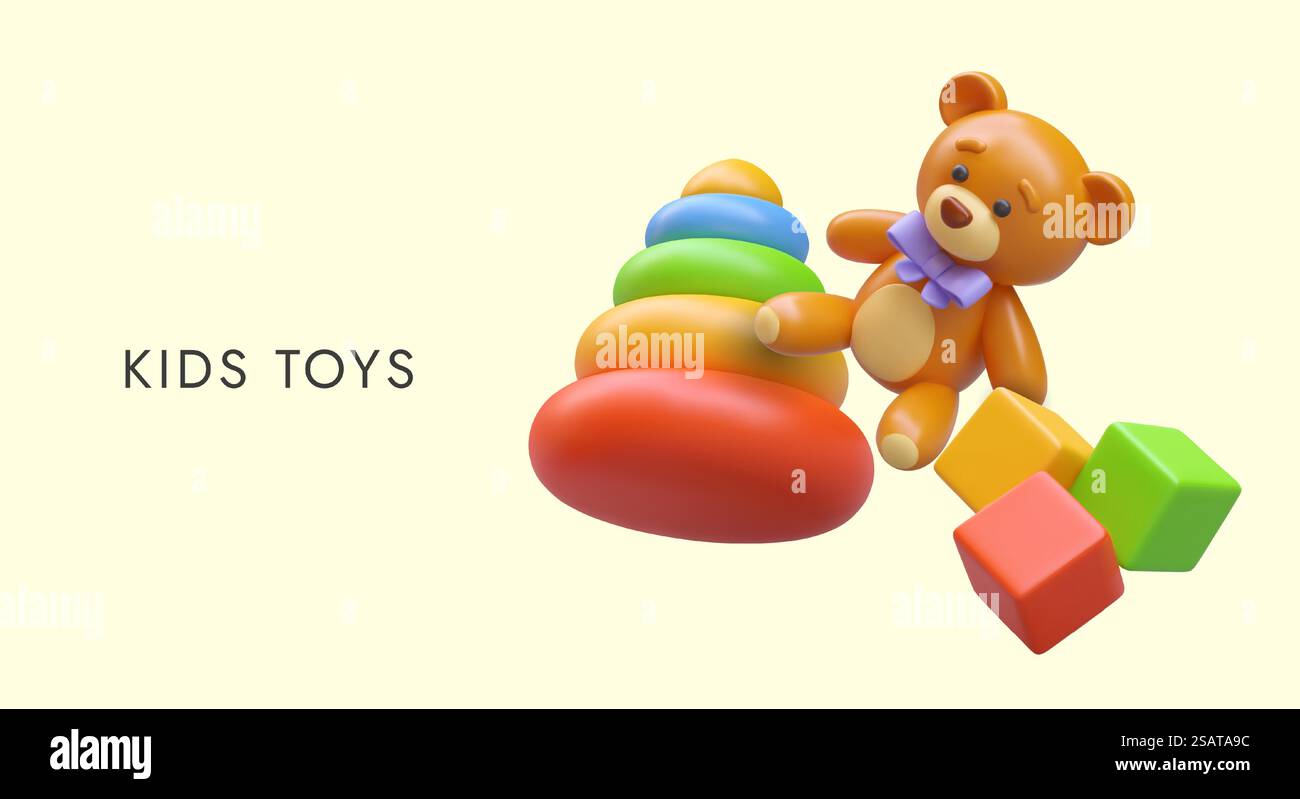 Kid toys concept. Vector floating objects. Colored 3D bear, pyramid ...