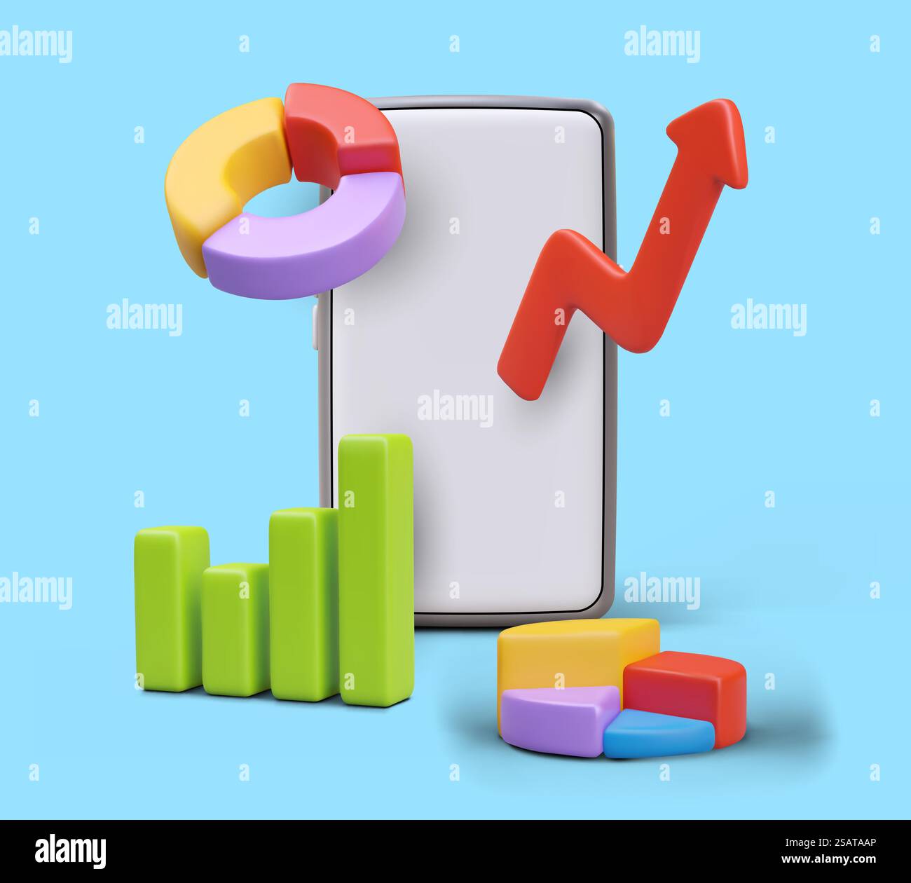 Smartphone with blank screen, pie and bar charts, business arrow ...