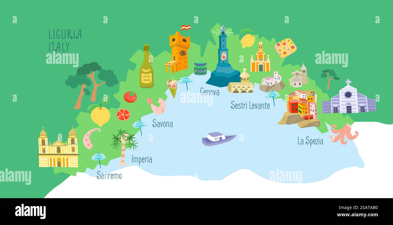 Map of Liguria, Italy. Sights and buildings. Traditional Mediterranean ...
