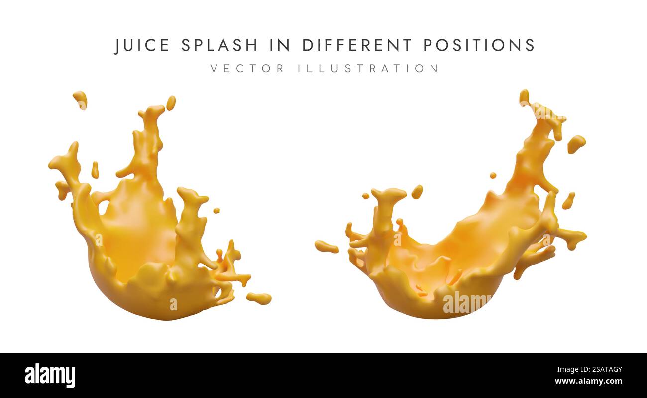 3D vector splashes of juice in different positions. Colored vector ...