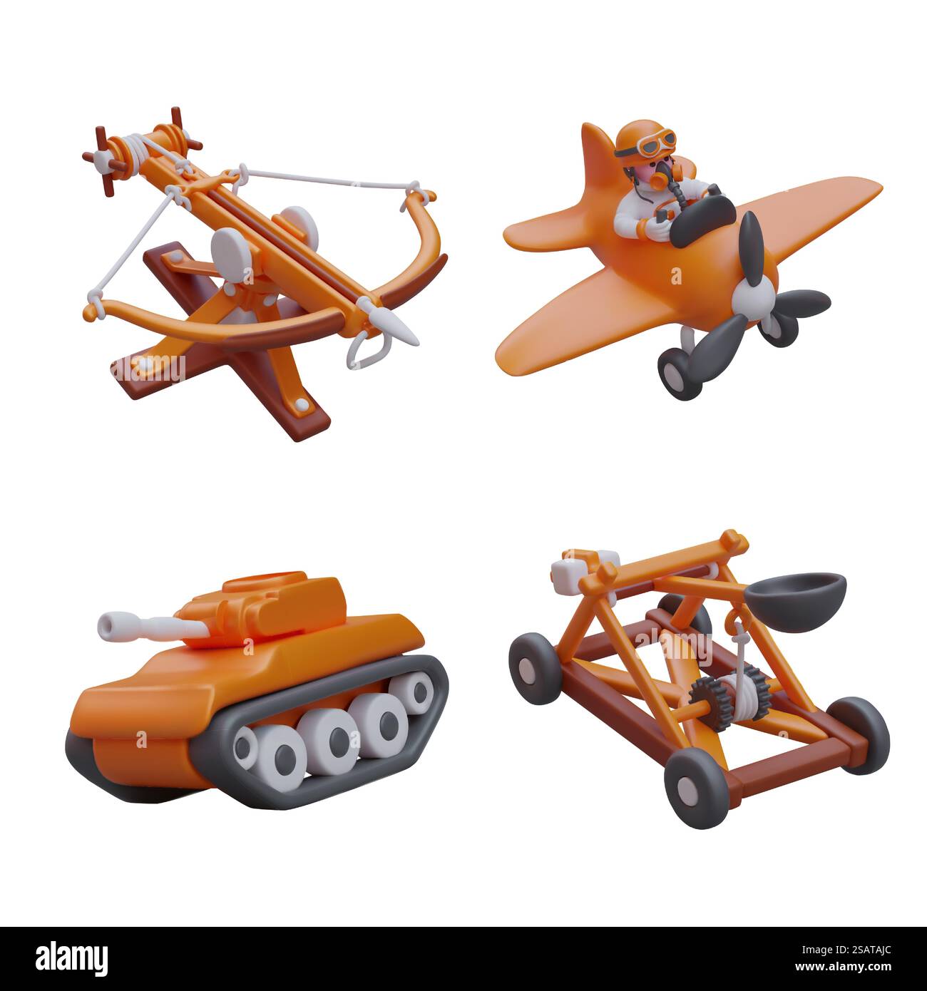 Set of tank, cartoon character on airplane, Medieval toy crossbow and ...