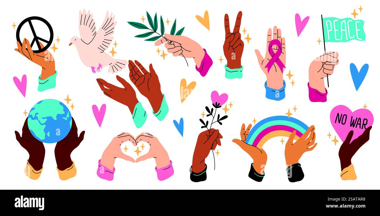 Hands hold peace symbols. Human arms with freedom, love, ecological ...