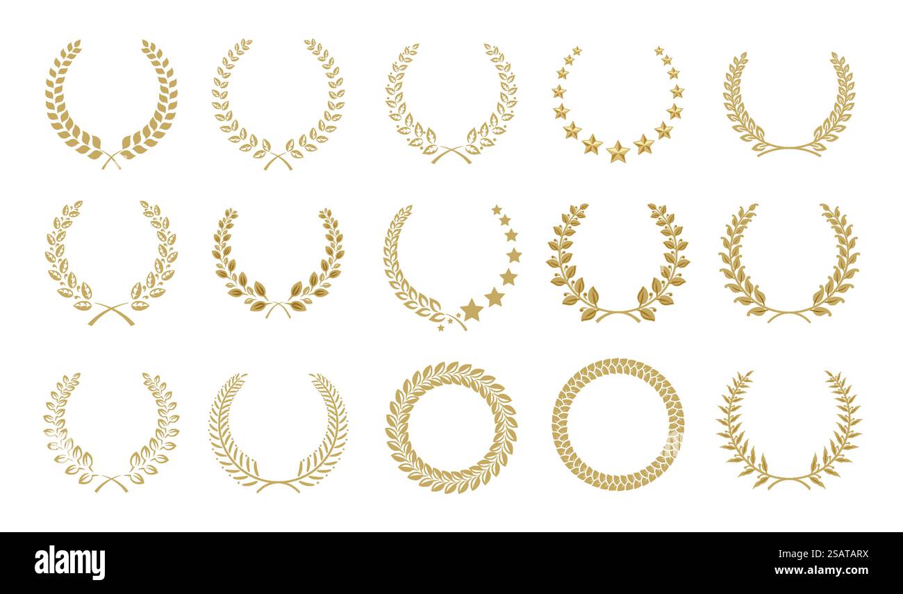 Golden champion laurel wreaths flat color illustration set. Victory ...