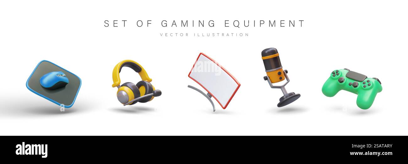 Set of modern gaming computer equipment realistic headphones with ...