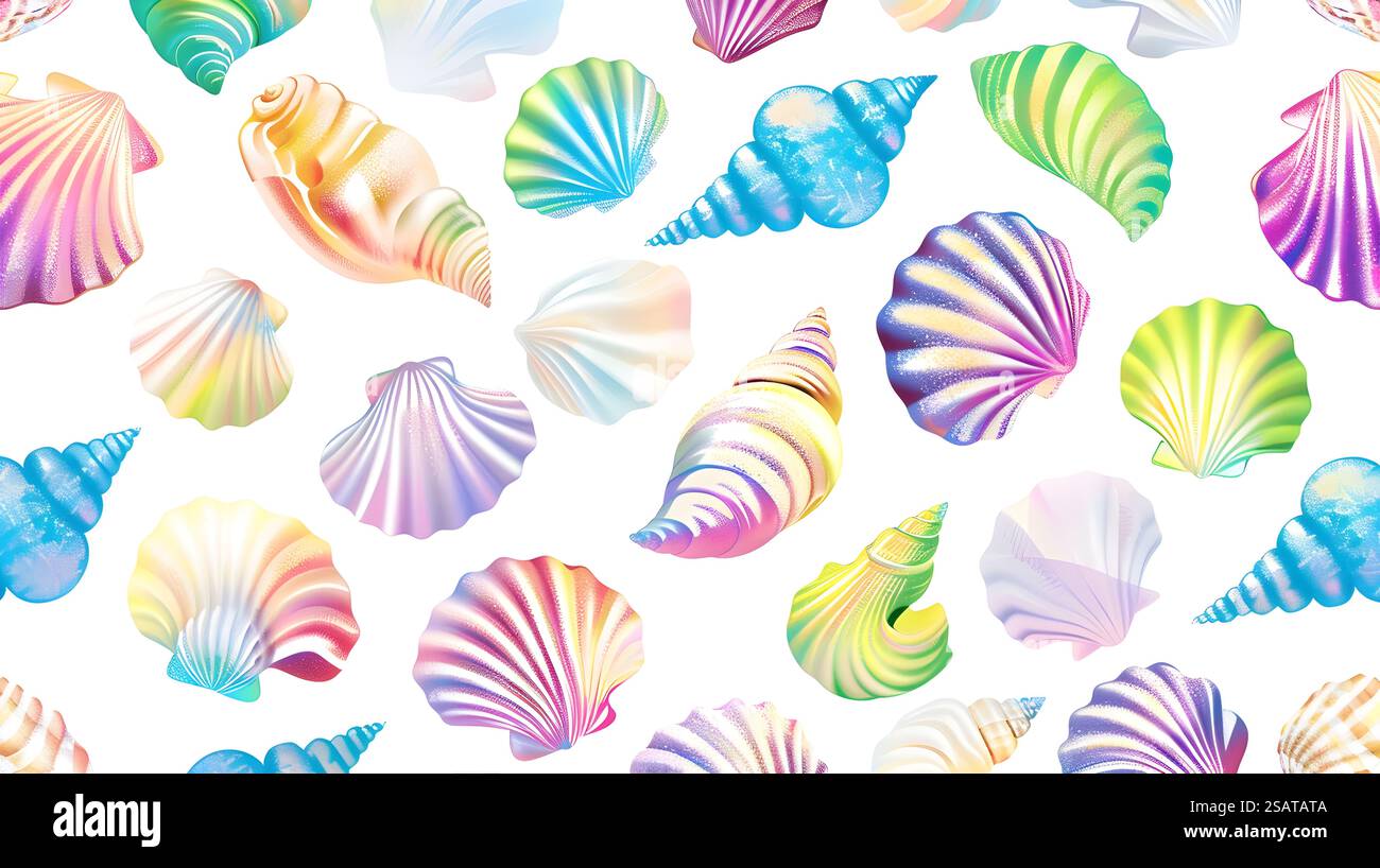 This image depicts a seamless,repeating pattern of colorful seashells ...