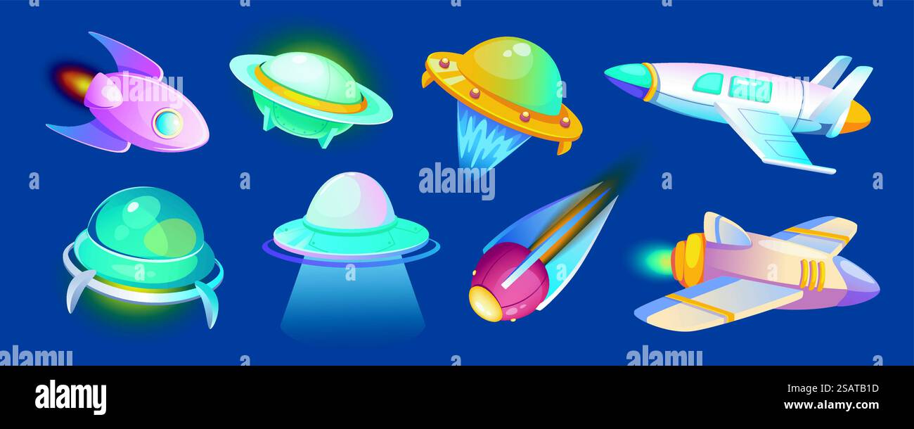 Alien spaceships mega set in cartoon graphic design. Bundle elements of ...