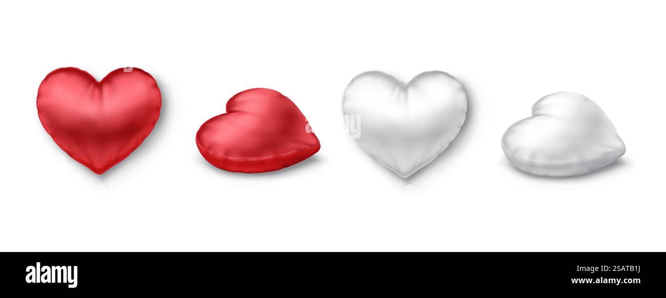 Heart shaped pillows realistic vector illustration set. Cute red and ...