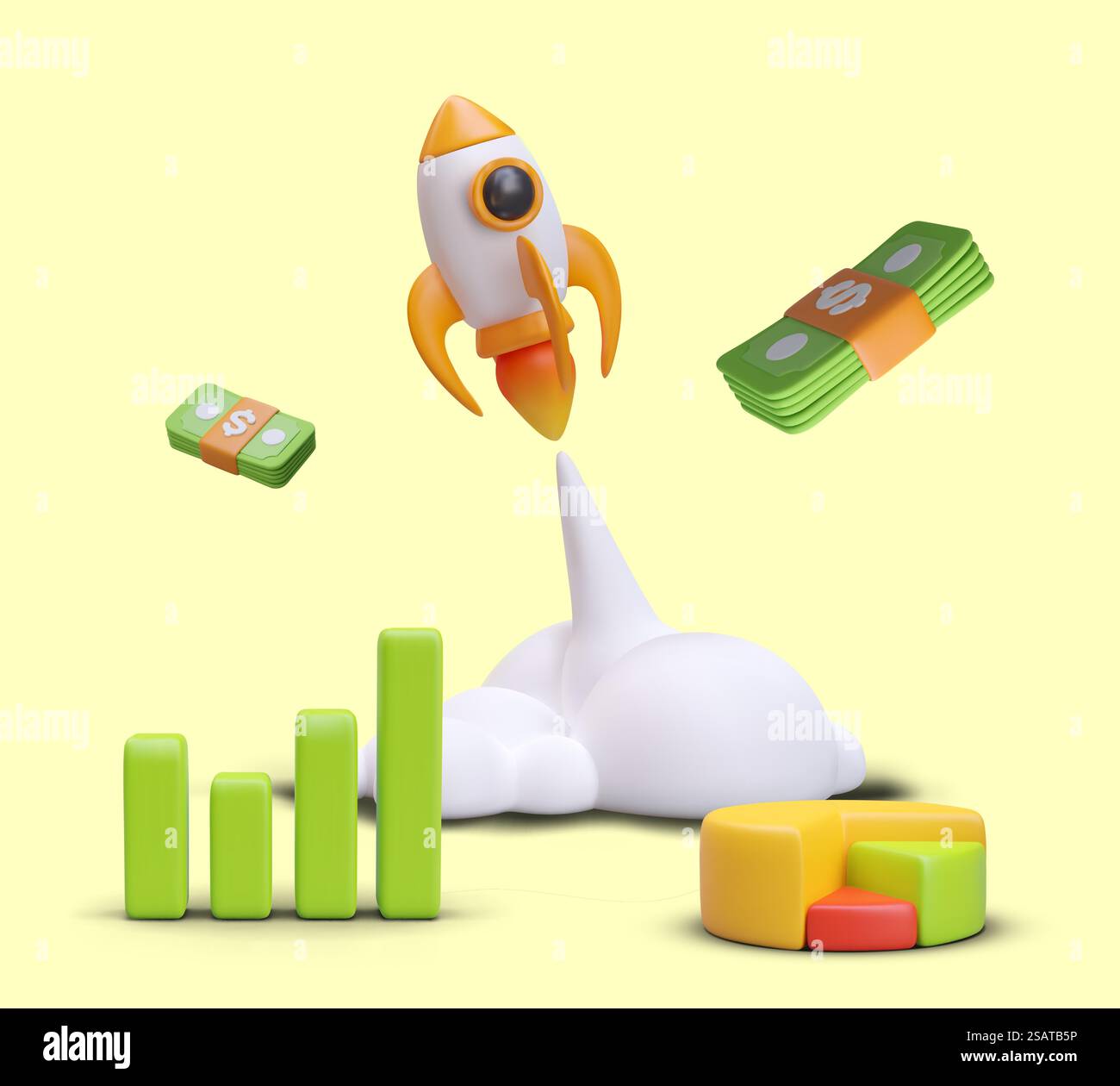 Financial growth concept. 3d rocket, flying banknotes and different ...