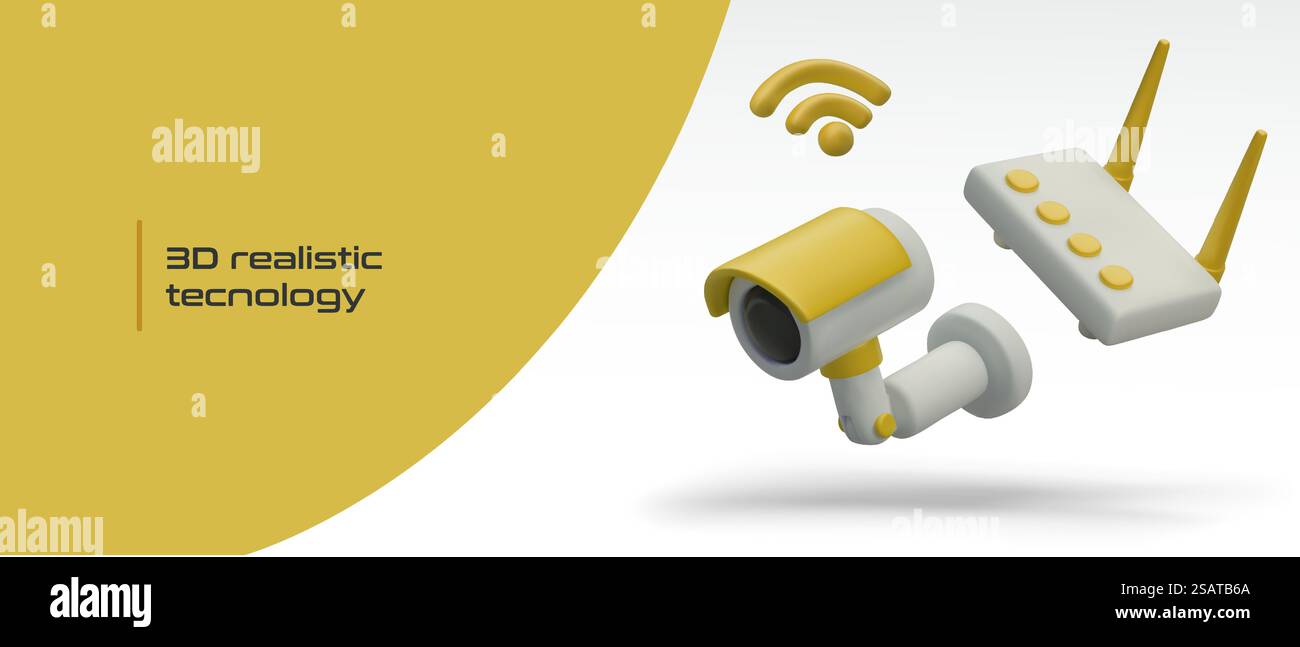 Realistic surveillance camera, router, Wi Fi signal sign. Online ...