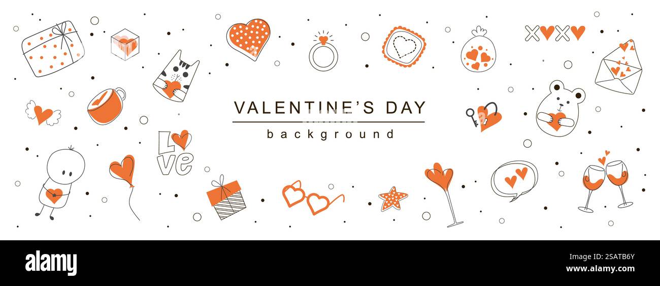 Valentine Day horizontal web banner. Hearts, gifts, letters, rings ...