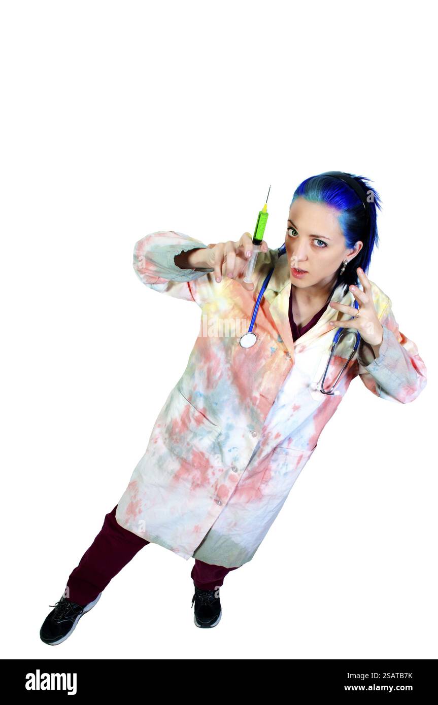 A crazy female woman medical doctor or nurse preparing an injection in ...