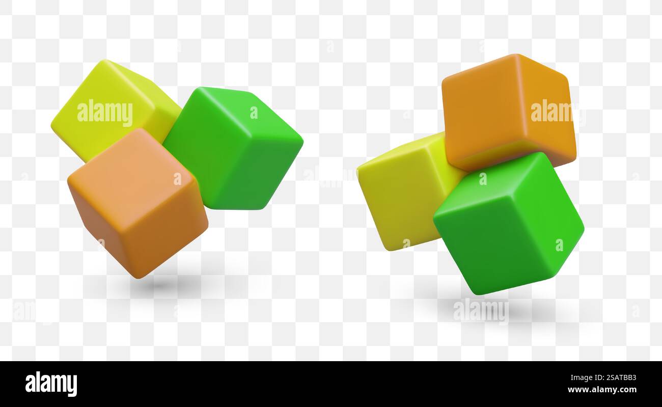 Set of colorful cubes in different positions. Different models of toys ...