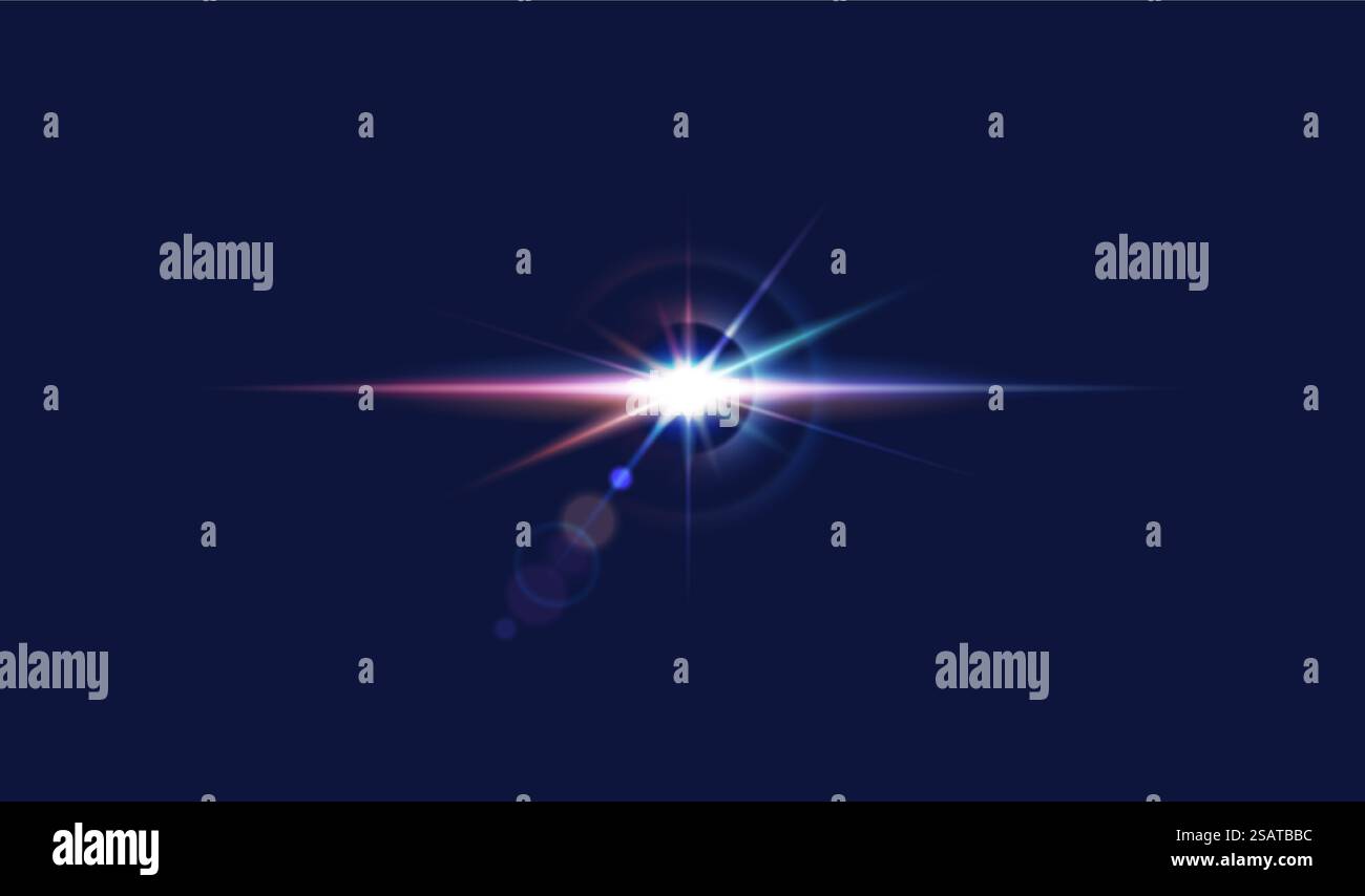 Bright light flash burst realistic vector illustration. Sparkling star in open space 3d element ...