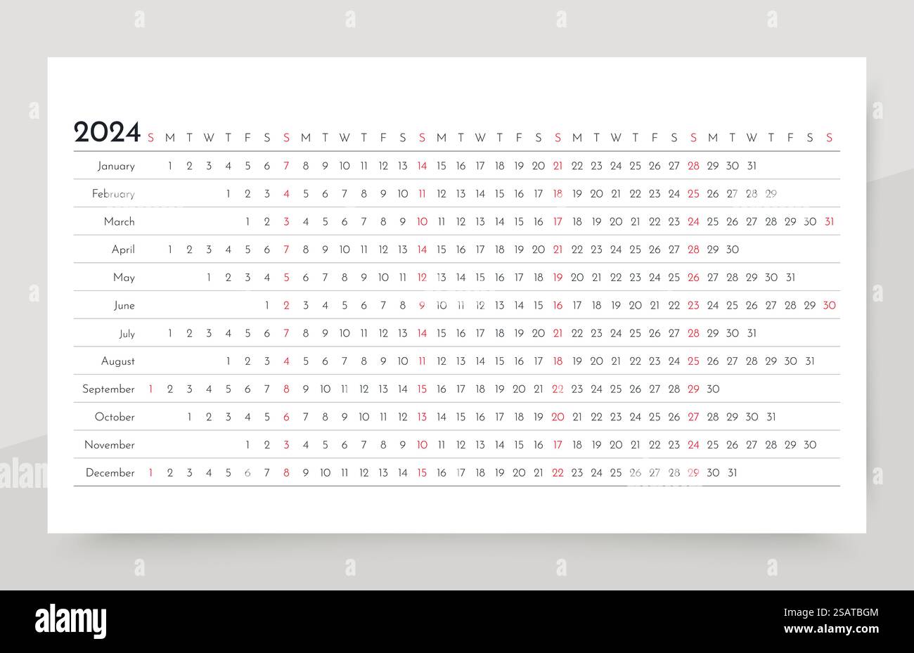 Linear 2024 calendar grid. Horizontal planner template. Yearly long ...