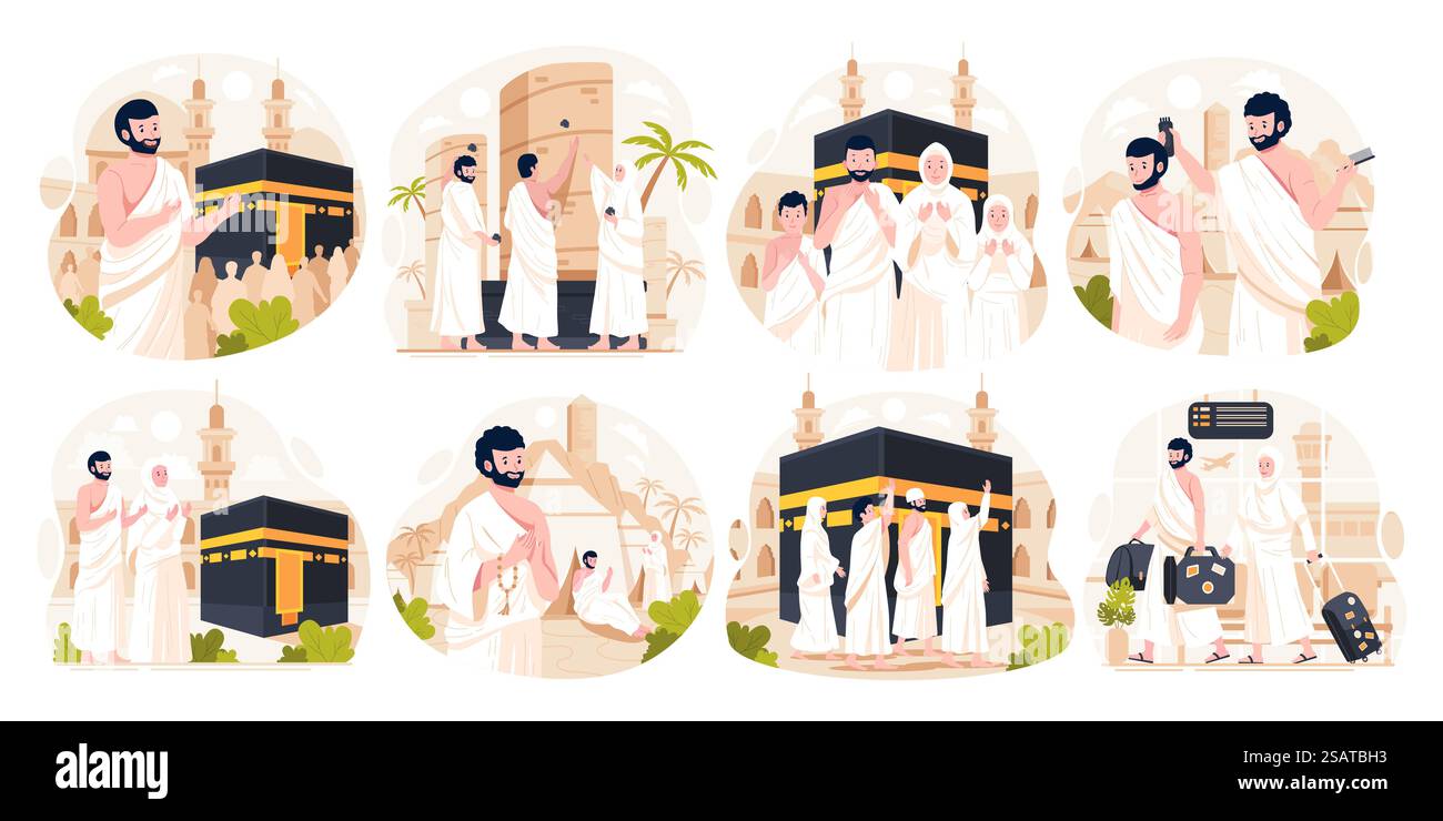 Illustration Set of Islamic Hajj Pilgrimage. Muslim People performs ...